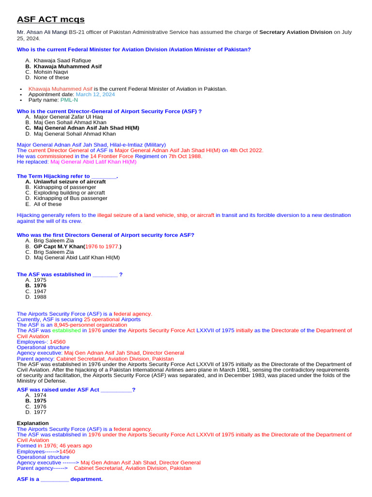 ASF ACT Mcqs | PDF