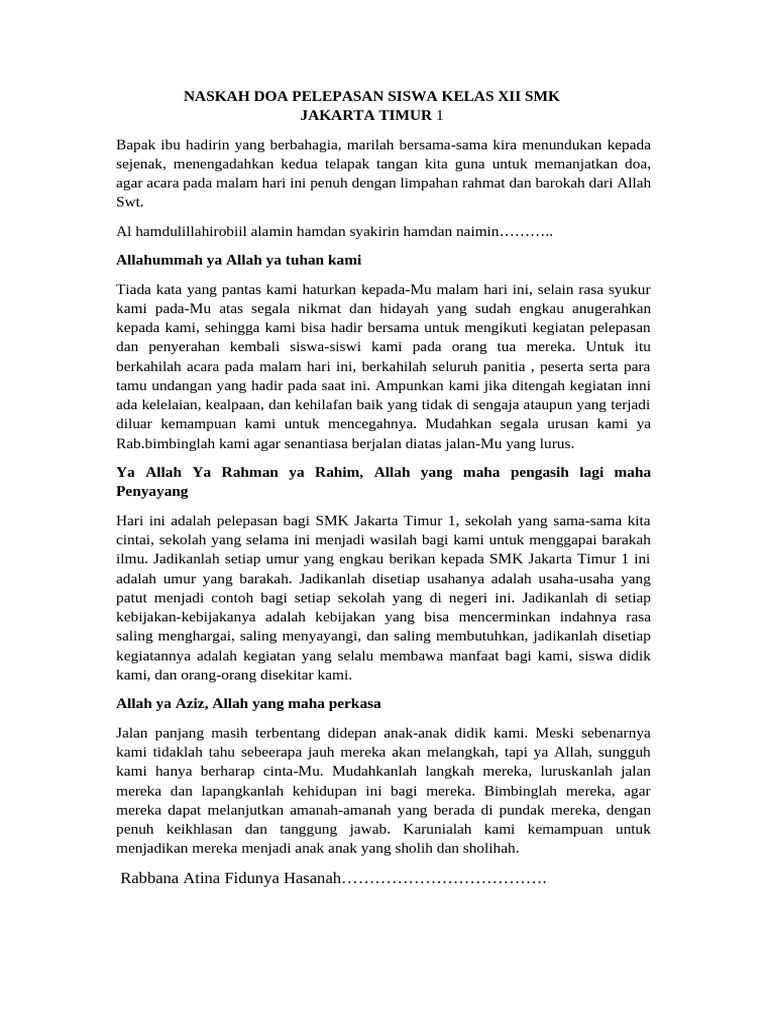 Naskah Doa Pelepasan Siswa Kelas Xii SMK Jakarta Timur 1 | PDF