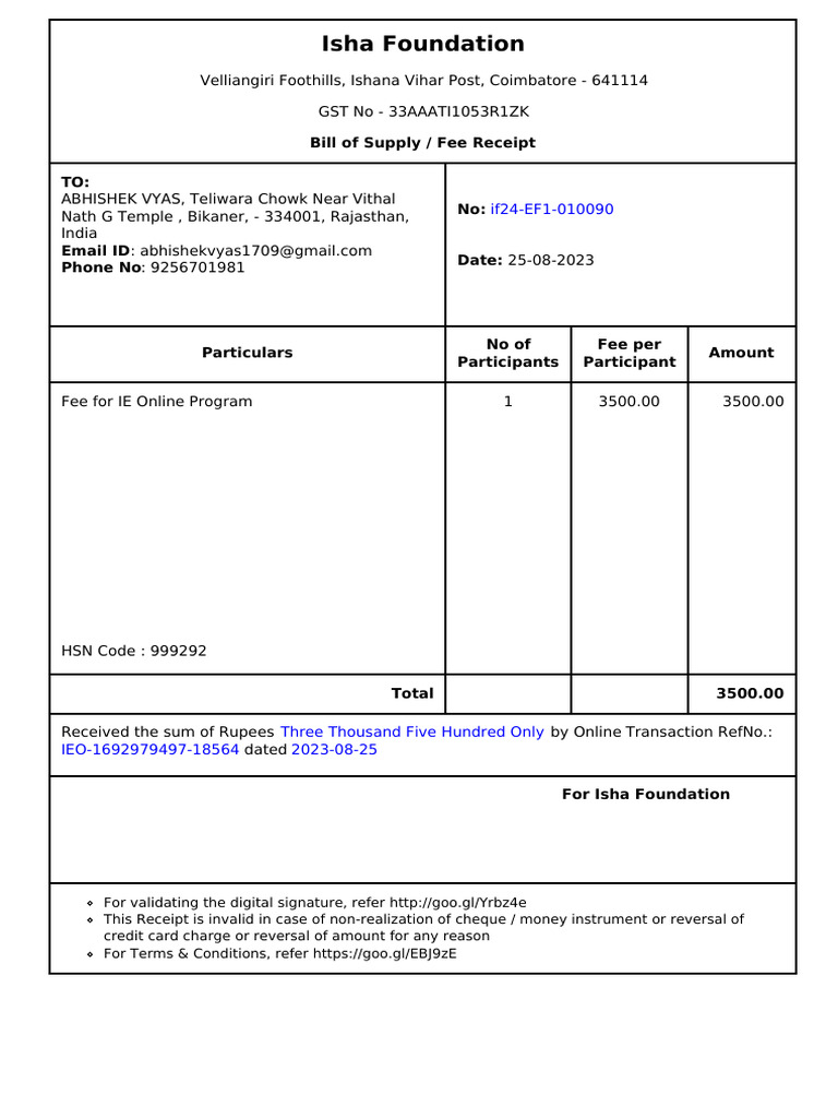 Isha Foundation: Bill of Supply / Fee Receipt TO: No | PDF
