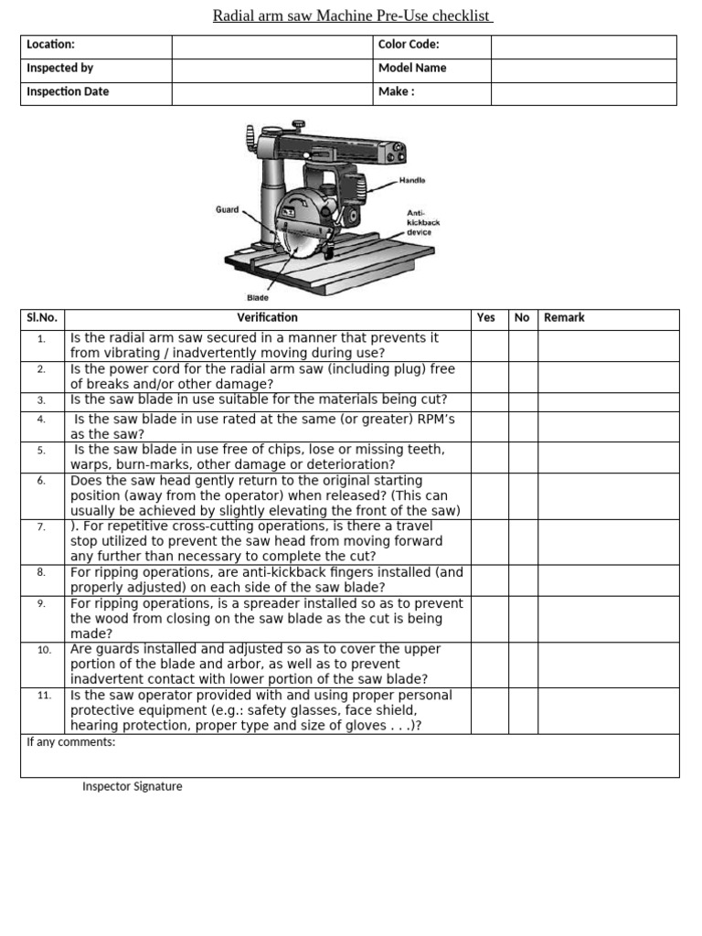 Radial Arm Saw Checklist | PDF