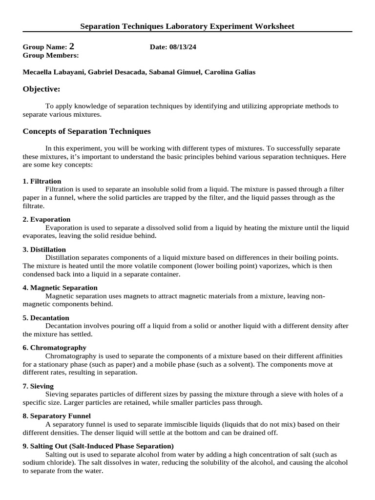 Separation Techniques Laboratory Experiment Worksheet | PDF