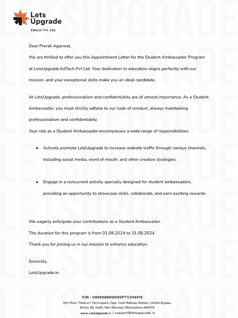 Appointment Letter - Prerak Agarwal | PDF