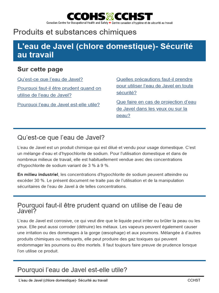 L Eau De Javel Chlore Domestique Sécurité Au Travail Pdf