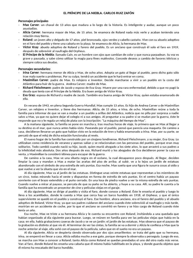 Trabajo El Príncipe de La Niebla | PDF