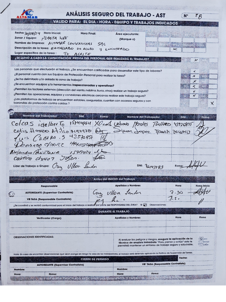 ALTAMAR CONTRATISTAS SAC, Llenado de PTS Y AST | PDF | Hogar, jardinería y bricolaje