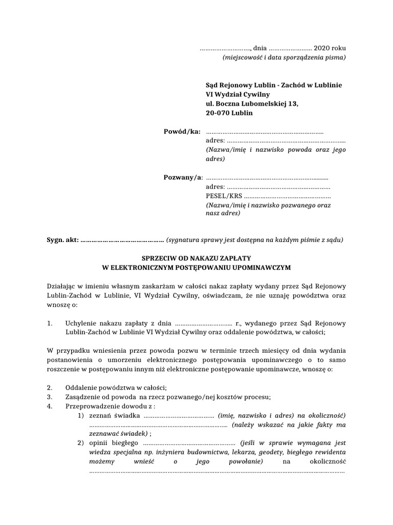 Bezp Atny WZ R Sprzeciwu Od Nakazu Zap Aty W Elektronicznym Post Powaniu Upominawczym EPU | PDF