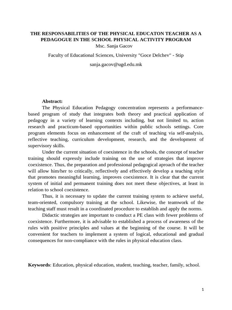 THE RESPONSABILITIES OF THE PHYSICAL EDUCATON TEACHER AS A PEDAGOGUE IN ...