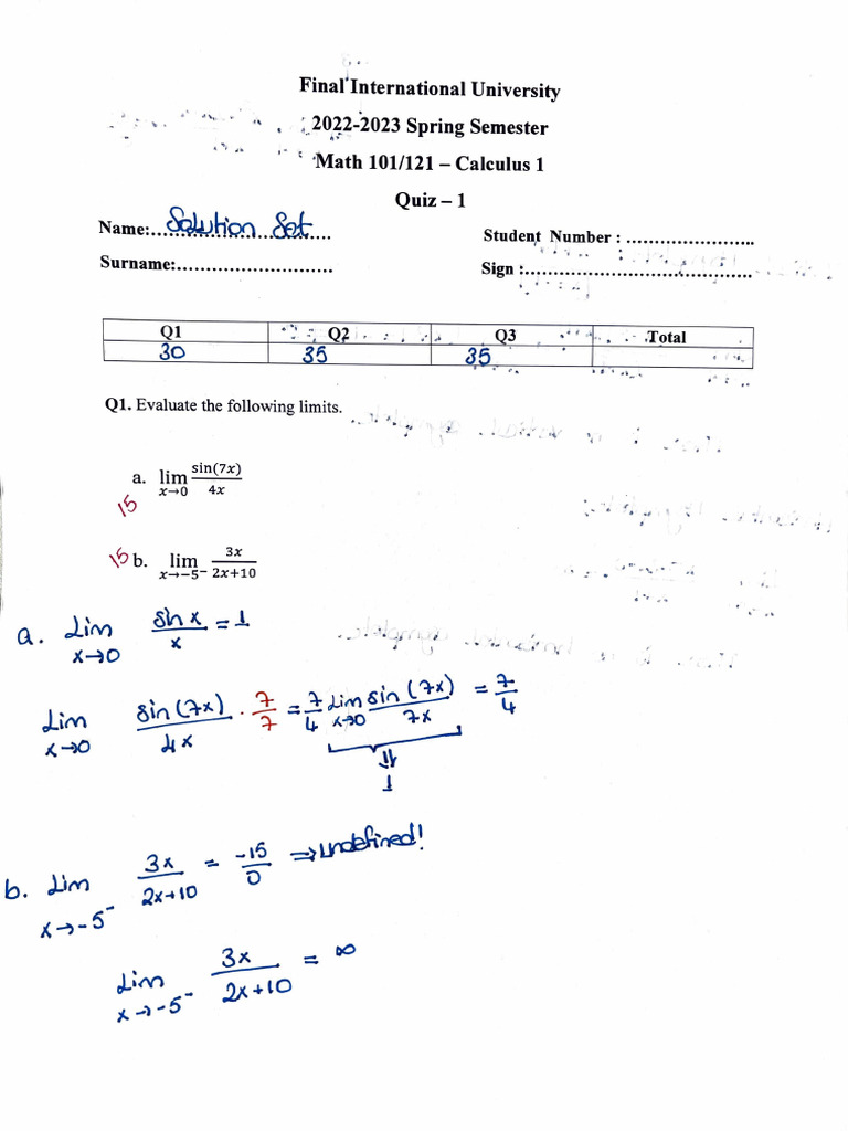 Math 121 Q1 Soln 1 | PDF