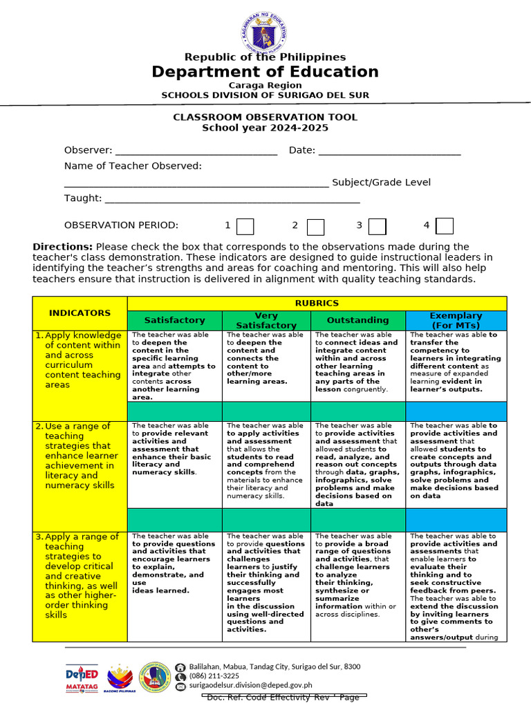 Classroom Observation Tool | PDF
