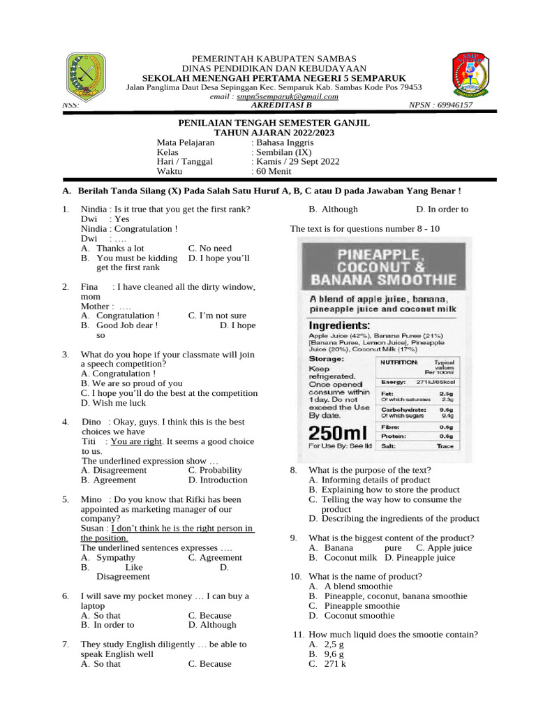 Soal Uts B.ing Kelas 9 | PDF