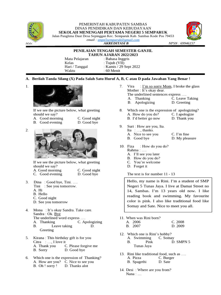 Soal Uts B.ing Kelas 7 | PDF