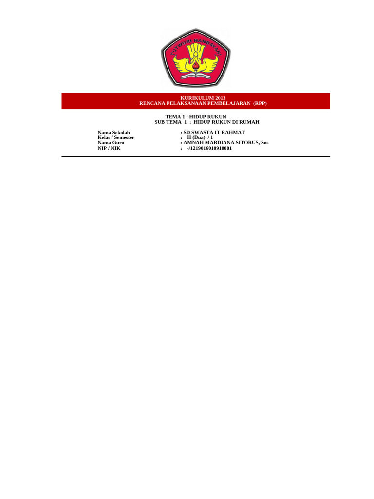RPP SD KELAS 2 TEMA 1 - Hidup Rukun Fix | PDF