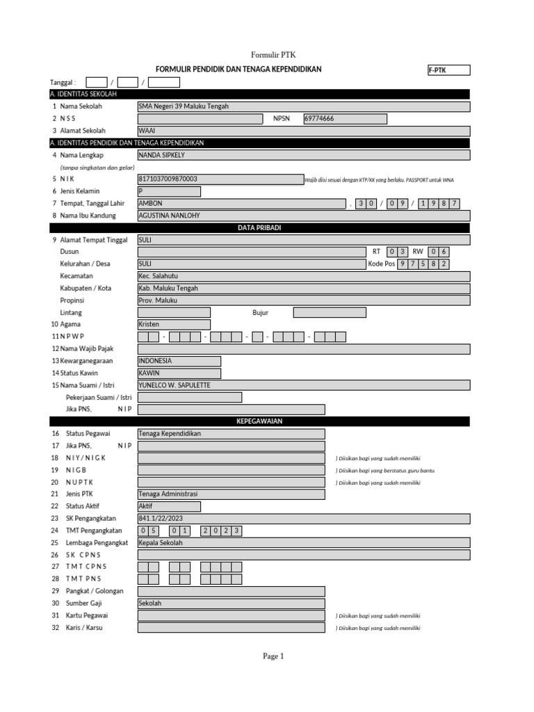 Formulir PTK Lisye | PDF