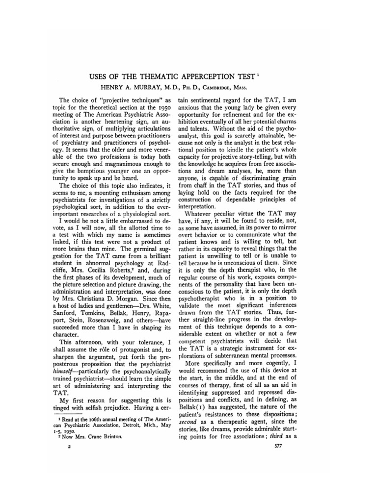 USES OF THE THEMATIC APPERCEPTION TEST’ | PDF