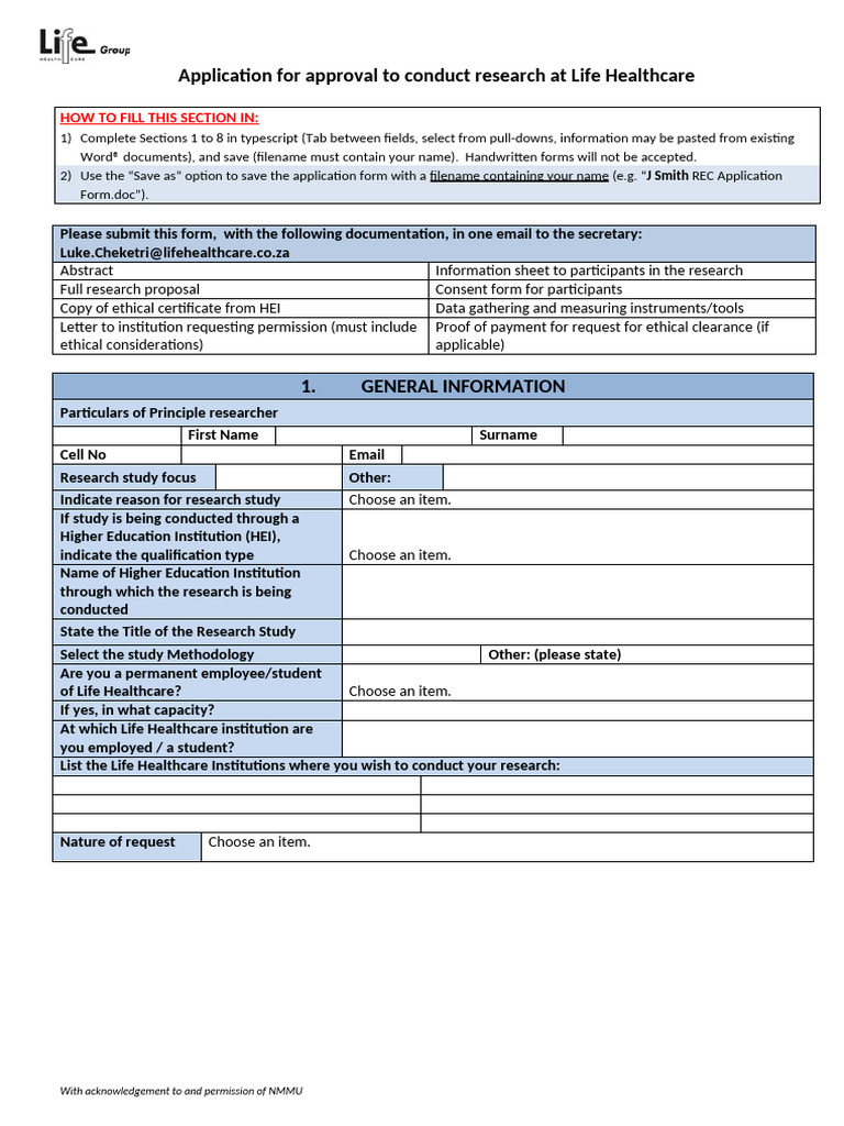 Application For Approval To Conduct Research at Life Healthcare | PDF