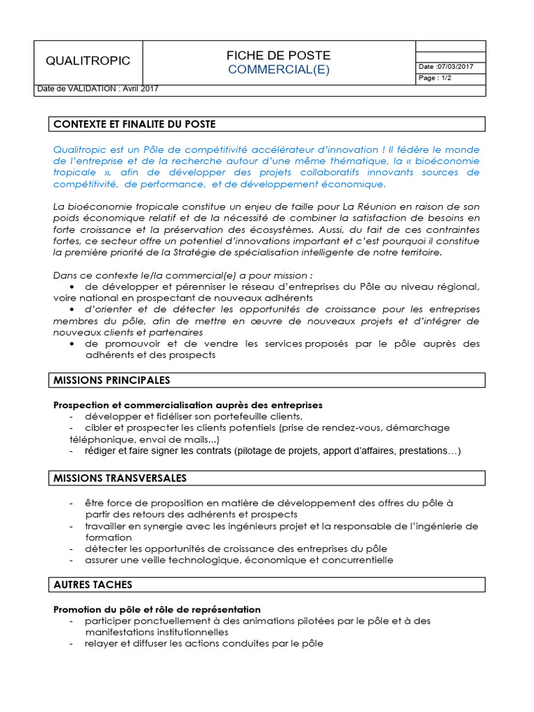 FICHE DE POSTE Commercial | PDF