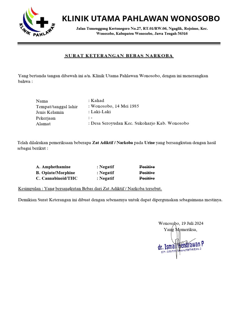Surat Keterangan Bebas Narkoba Kahad | PDF