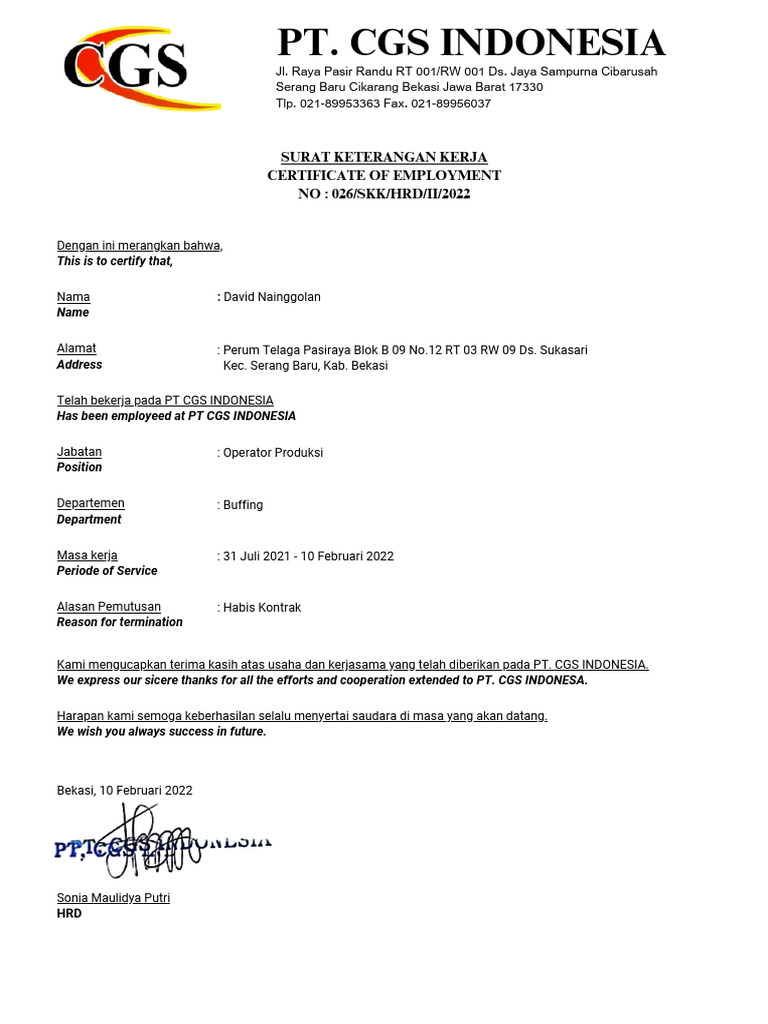 Paklaring PT. CGS INDONESIA | PDF