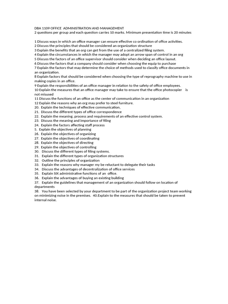 DBA 1109 OFFICE ADMINISTRATION AND MANAGEMENT | PDF