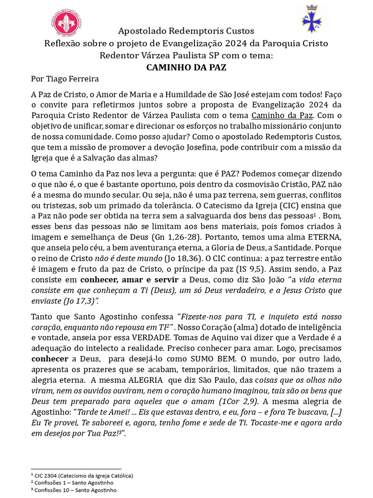 Reflexao Caminho Da Paz 2024 Apostolado Redemp Custos | PDF