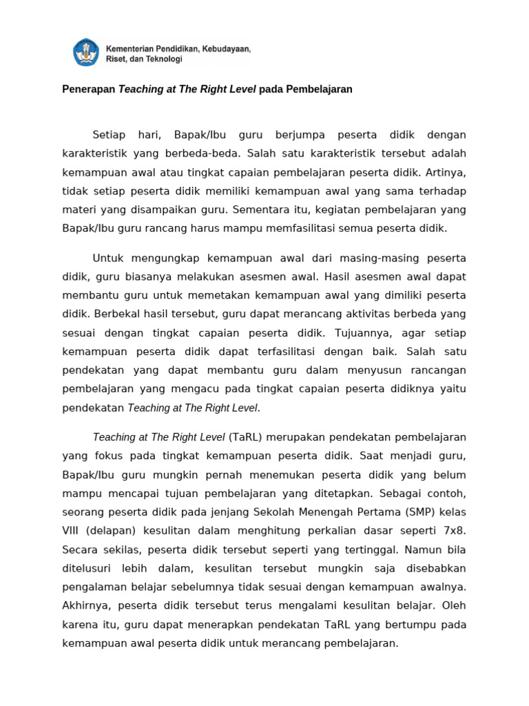 Pengantar Teaching at The Right Level Pada Pembelajaran | PDF