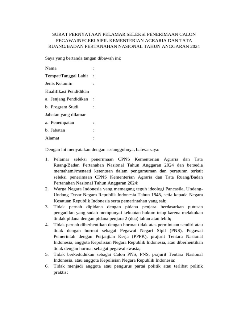 Surat Pernyataan Atr-Bpn | PDF
