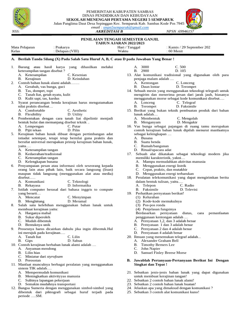Soal Uts Prakarya Kelas 8 (Edit) | PDF
