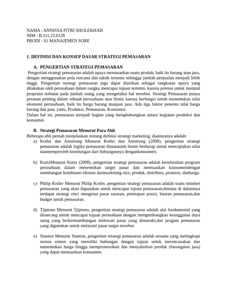 Definisi Dan Konsep Dasar Strategi Pemasaran A. Pengertian Strategi Pemasaran | PDF