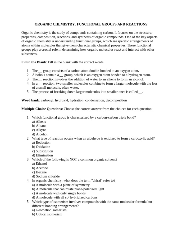 ORGANIC CHEMISTRY FUNCTIONAL GROUPS AND REACTIONS | PDF