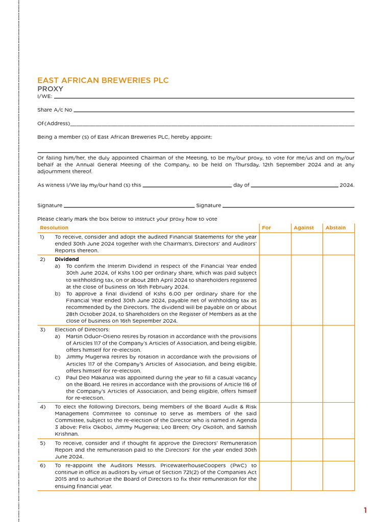EABL 2024 AGM Proxy Form English | PDF