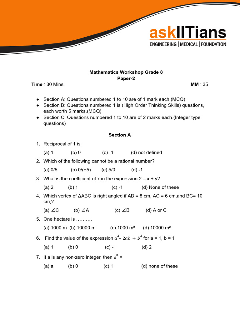 Mathematics Workshop Grade 8, Paper-2, Questions | PDF
