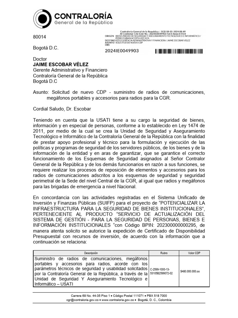 Solicitud CDP RADIOS - 08-05-24 Firmados | PDF