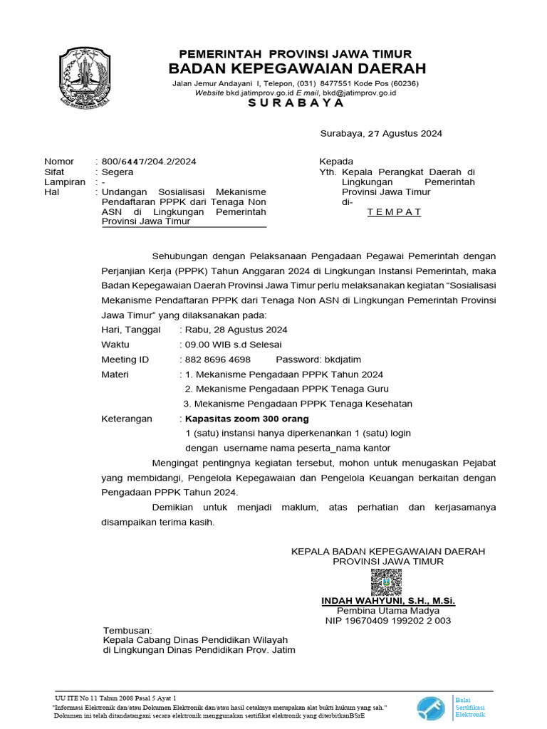 Surat BKD - Undangan Sosialisasi Mekanisme Pendaftaran PPPK Dari Tenaga Non ASN - Sign | PDF