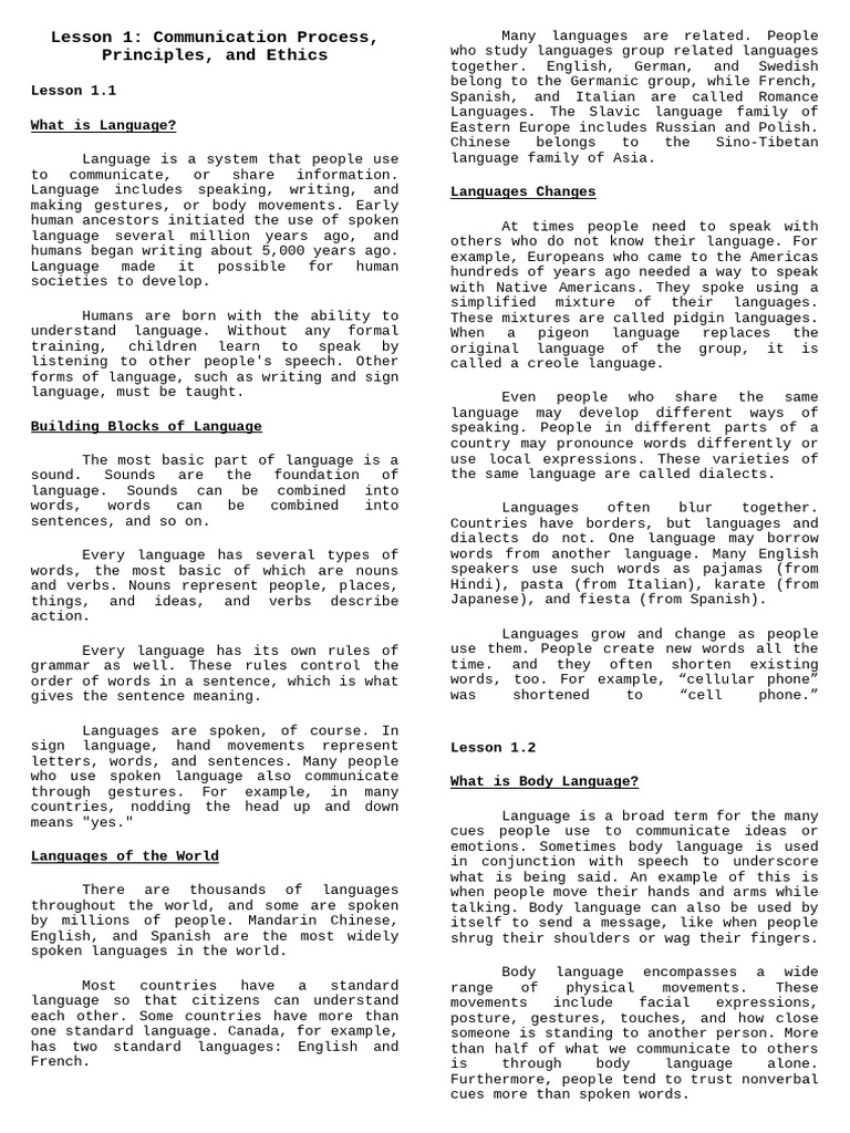 Lesson 1 Communication Process, Principles, and Ethics | PDF | Body ...
