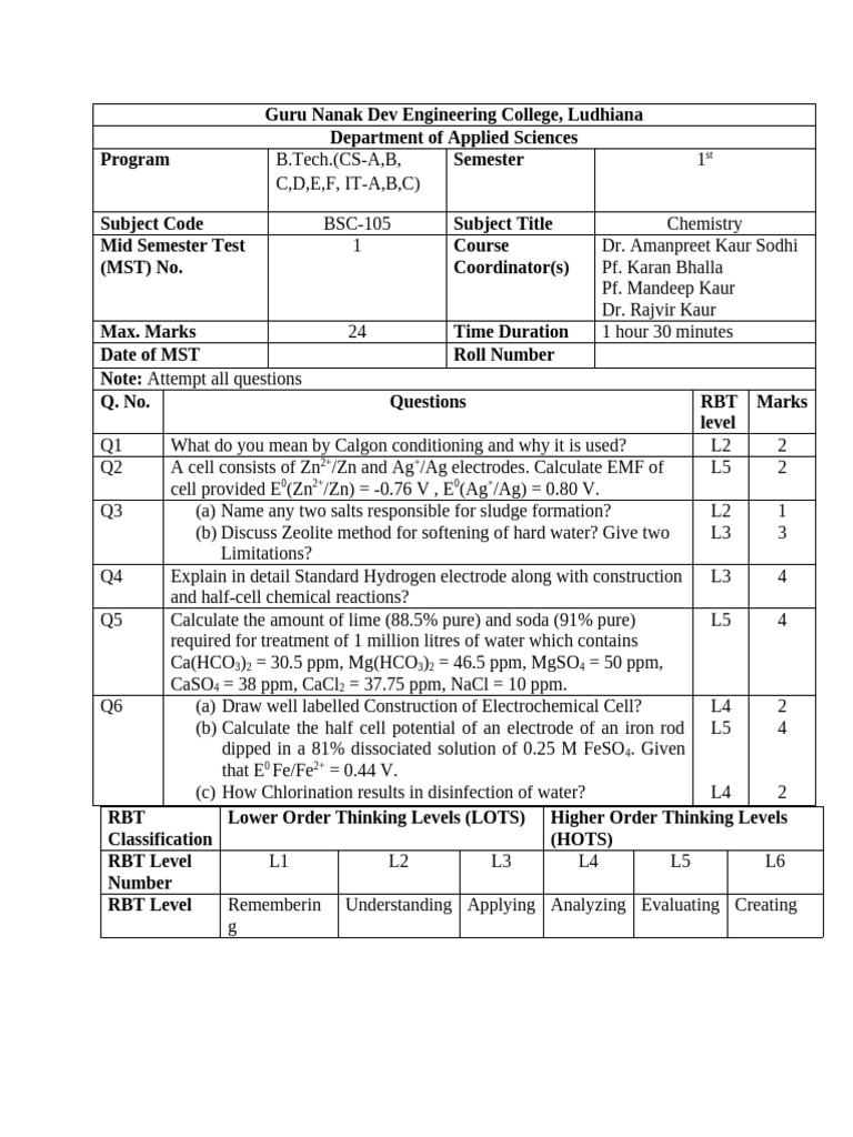 Sample Q.paper B.tech Chemistry | PDF