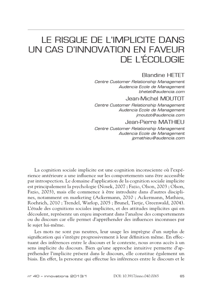Le Risque de Limplicite Dans Un Cas Dinnovation en Faveur de Lecologie ...