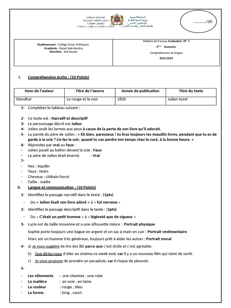 Correction de L'évaluation 1 1AC Comp Et Lang S2 | PDF