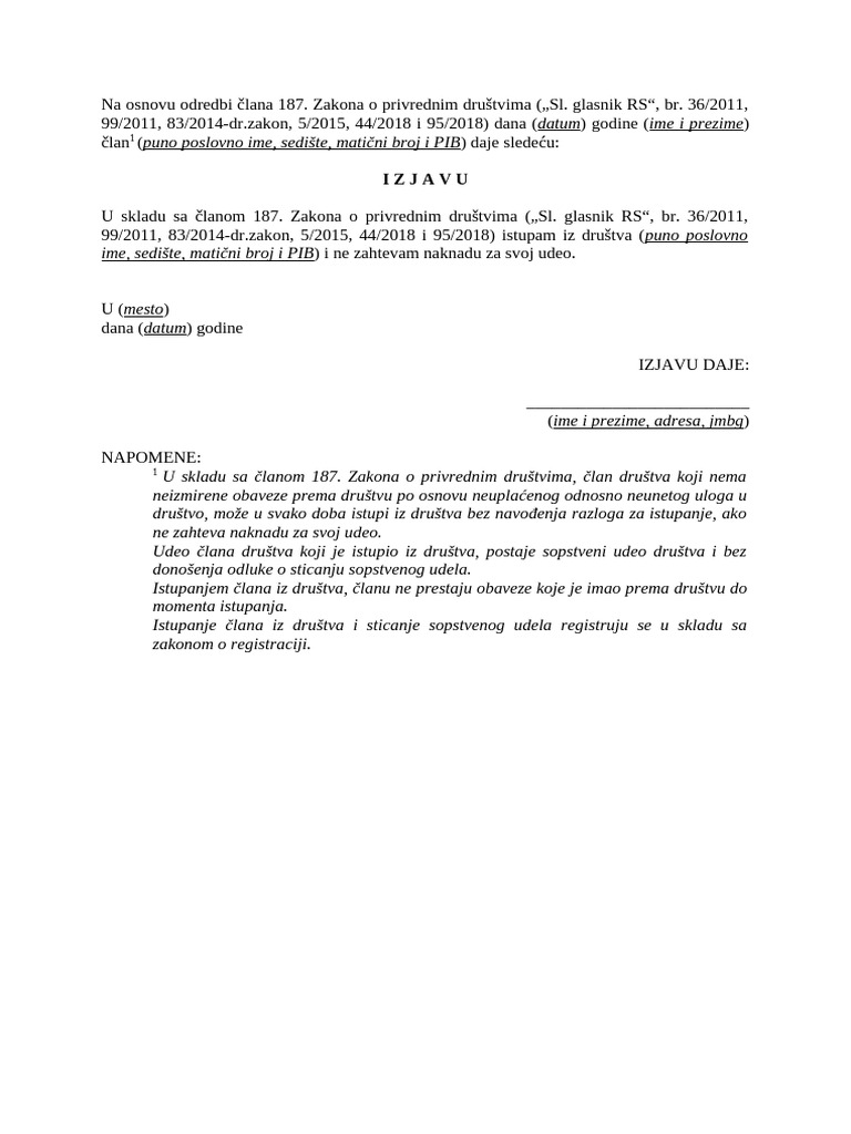 Izjava o Istupanju Člana Društva | PDF