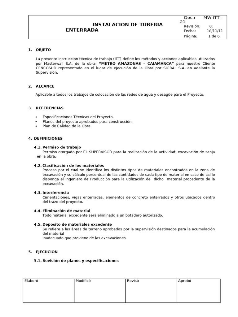 MW-ITT-21 - I - Rev. 0 Instalacion de Tuberias Enterradas | PDF