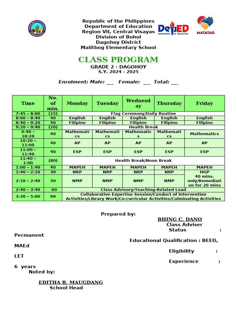 Class Program Grade 1 Edited | PDF