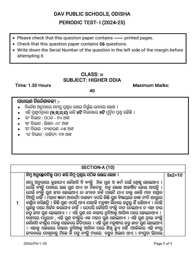 Sample Paper ODIA 9 | PDF