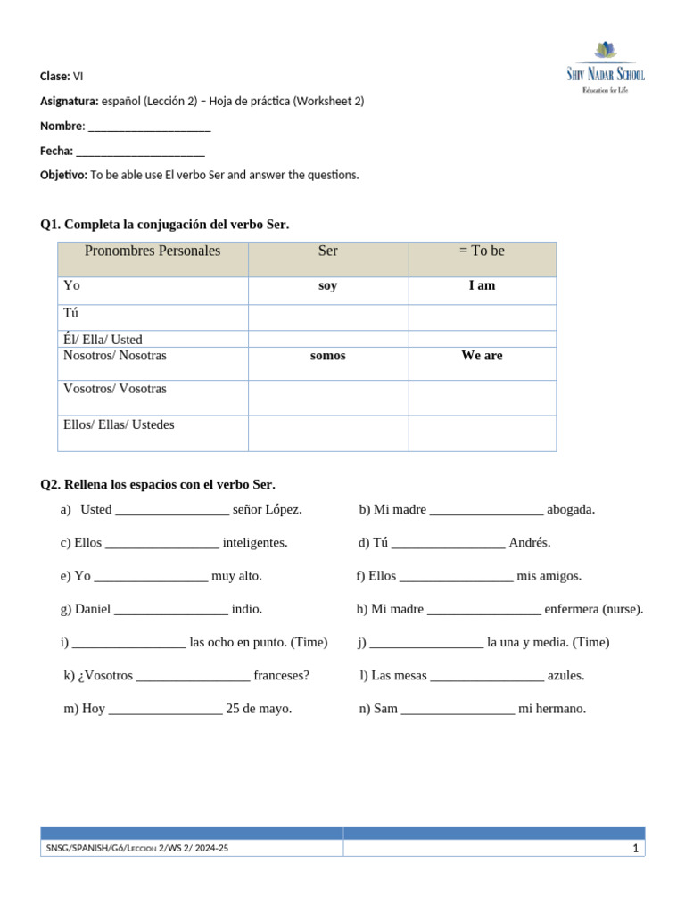 G6 Leccion 2 WS 2 El Verbo Ser | PDF
