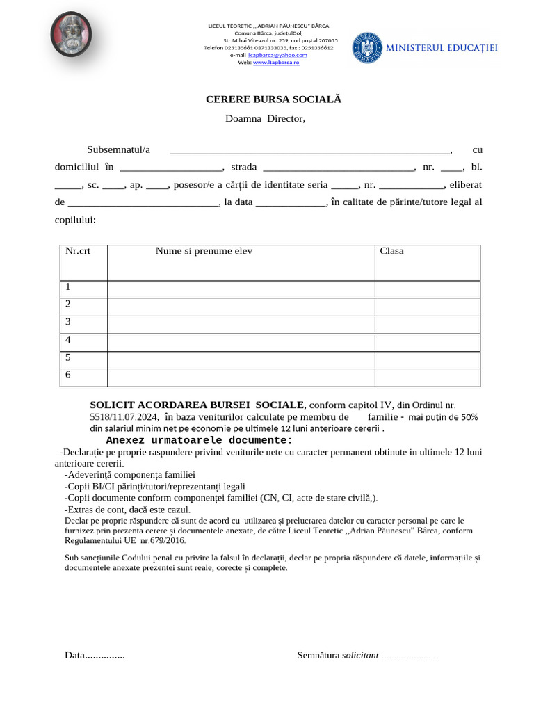 CERERE BURSE SOCIALE 2024-2025 | PDF