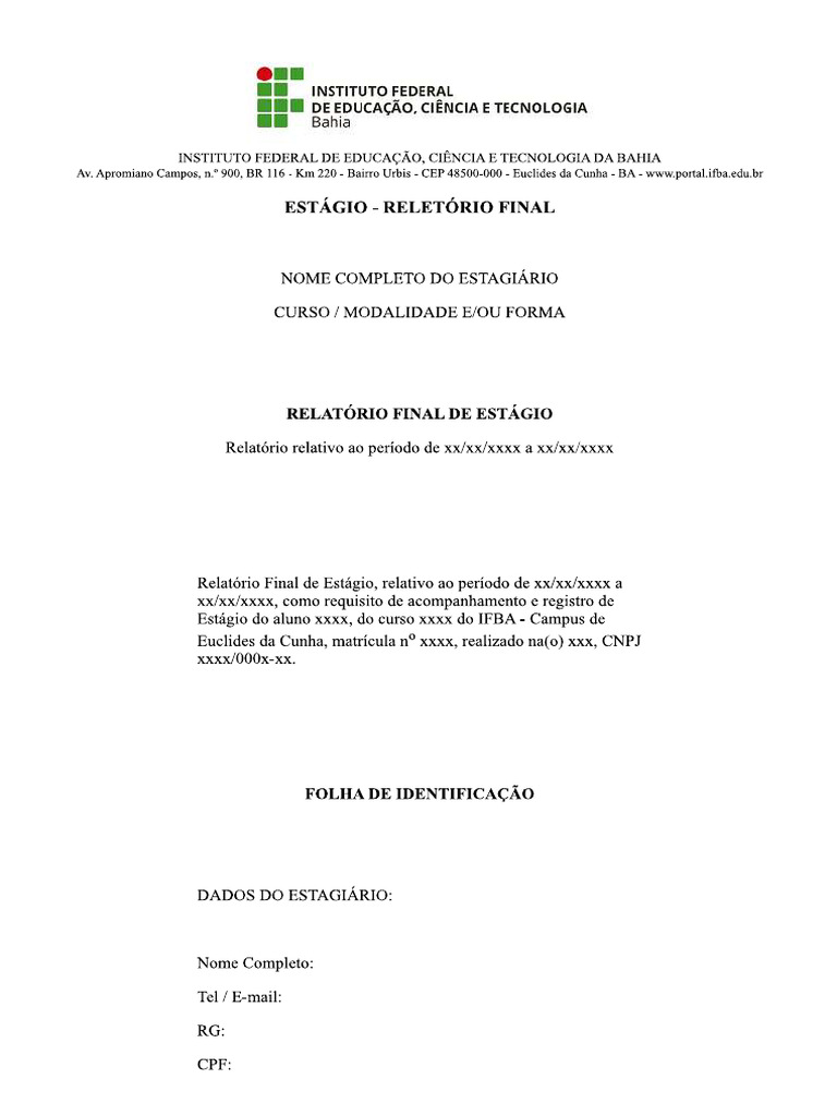 Modelo de Relatório Final de Estágio - IFBA | PDF