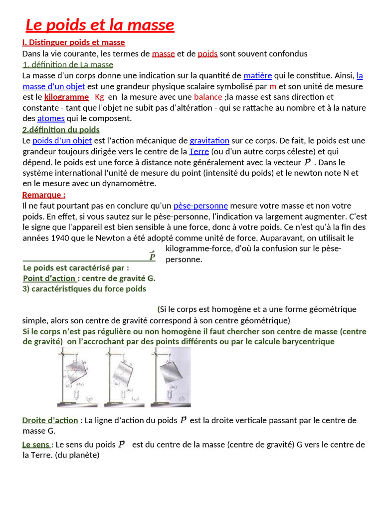 Le Poids Et La Masse Cours 2 | PDF