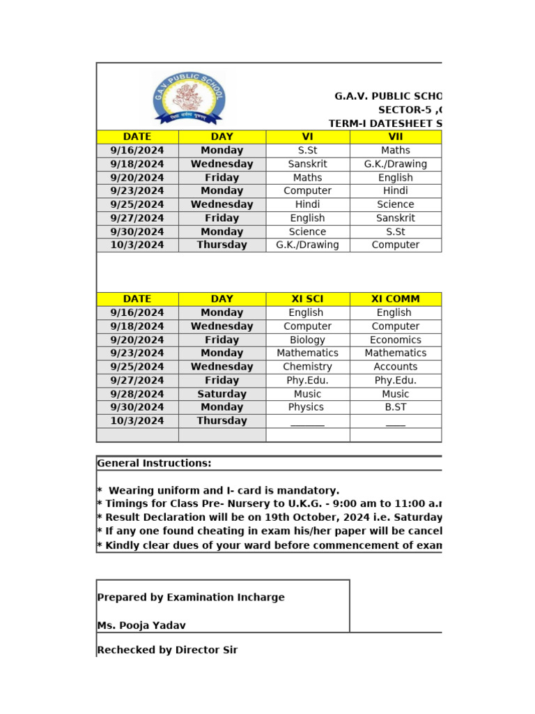 G A V Public School 2024 25 Term I Datesheet Pdf Science