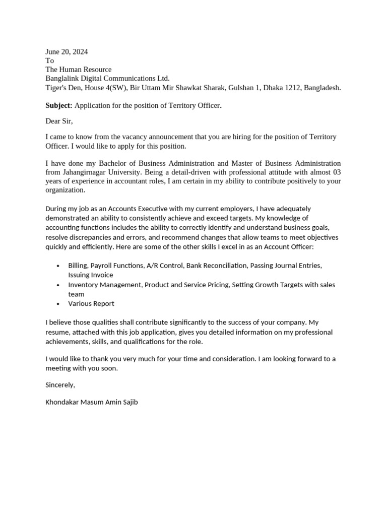 Cover Letter - Khondakar Masum Amin Sajib | PDF | Career & Growth | Business