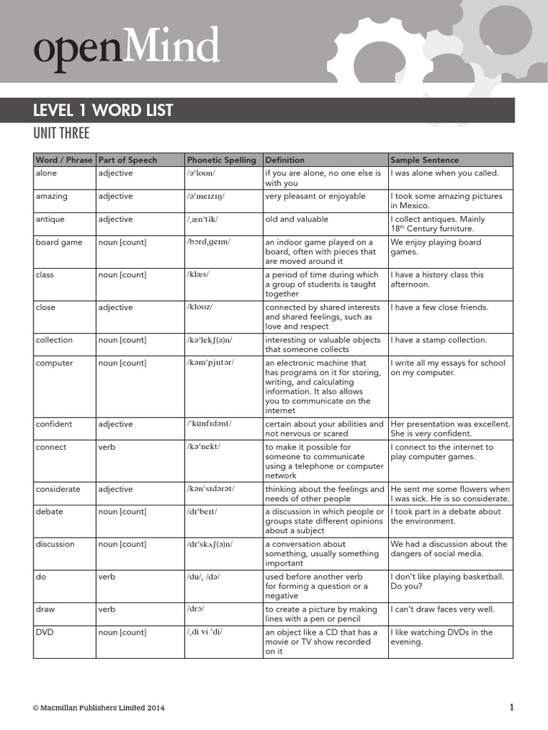 Openmind 1 Unit 3 Wordlist | PDF