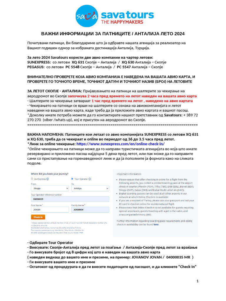 VAZNI INFORMACII ZA PATNICITE - ANTALYA 2024 - SAVATOURS | PDF