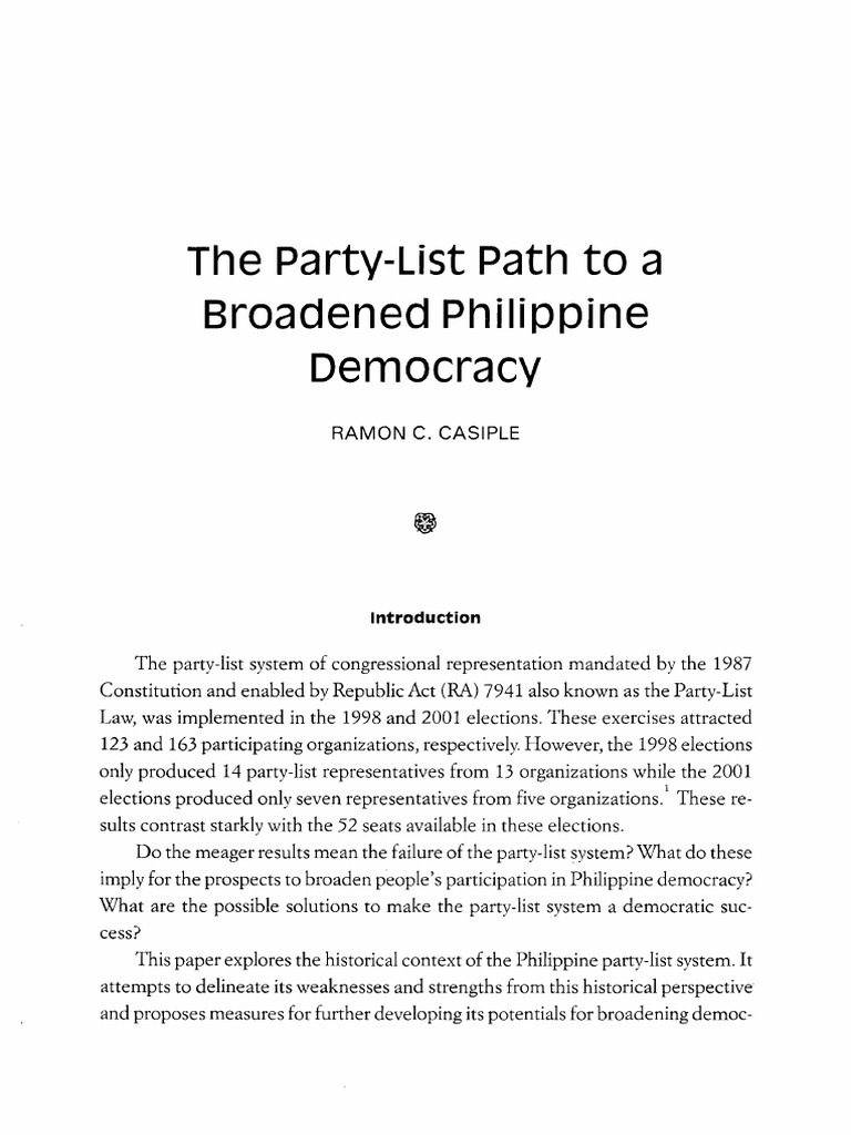The Party List Path To A Broadened Philippine Democracy Vol.7 No.1 Jan ...